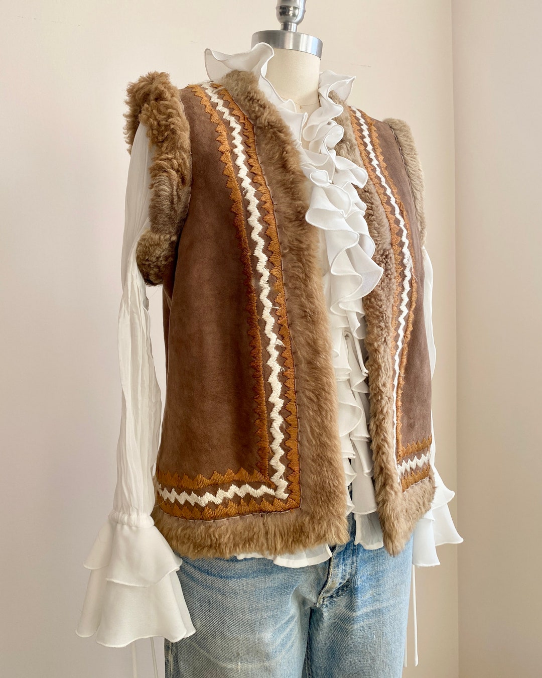 Vintage 1960s Afghan Penny Lane Shearling Suede Brown Vest With Silk ...