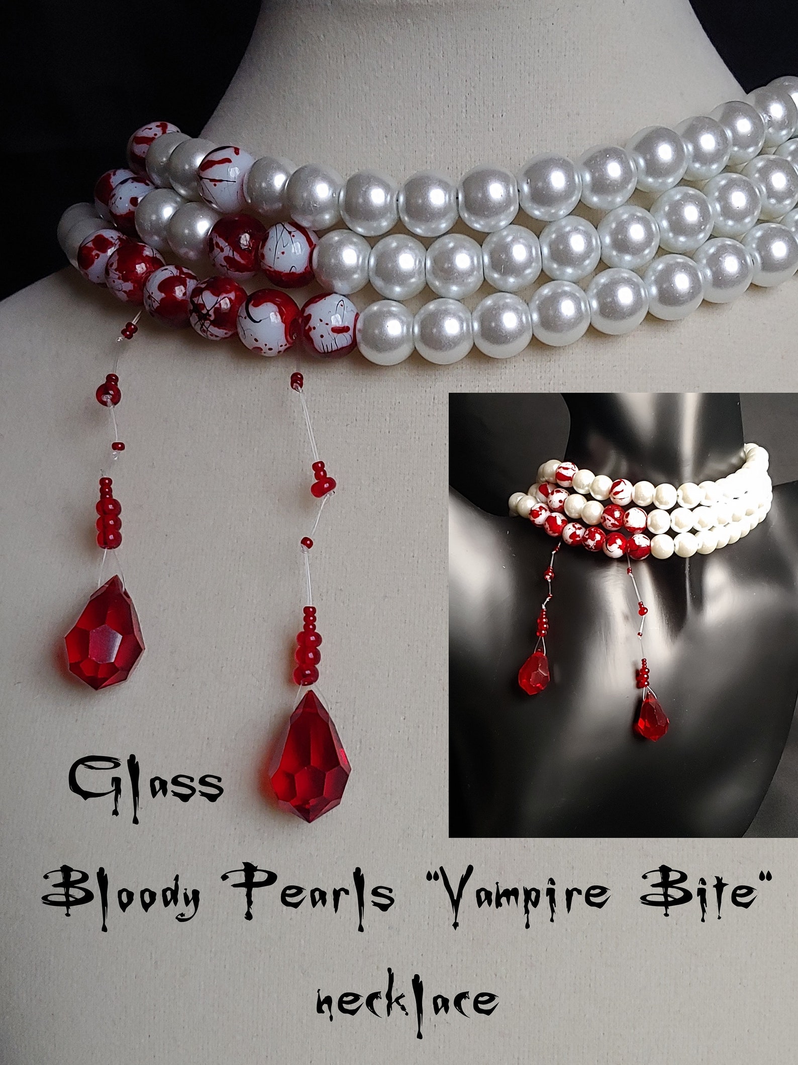 Glass Bloody Pearls and Crystal Teardrops 3-strand Vampire Bite Choker ...