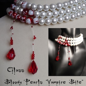 Glass Bloody Pearls and Crystal Teardrops 3-strand Vampire Bite Choker ...
