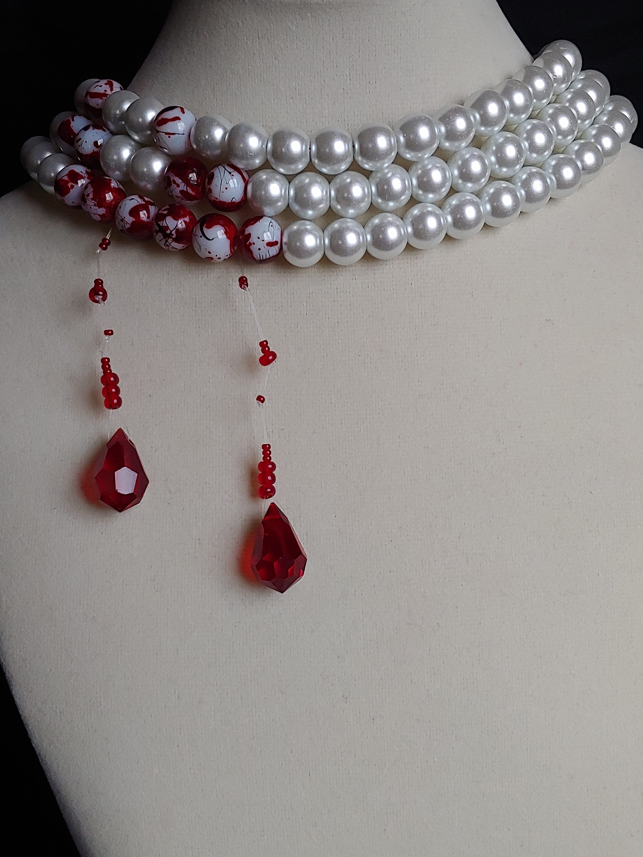 Glass Bloody Pearls and Crystal Teardrops 3-strand Vampire Bite Choker ...