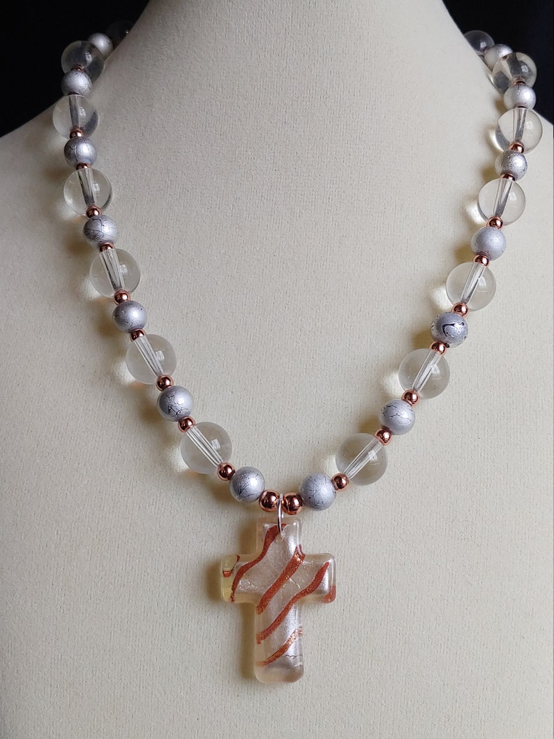 Glass Rounds clear and Glass Pearls silver With Clear, Silver, & Copper Lampworked Glass Cross ...