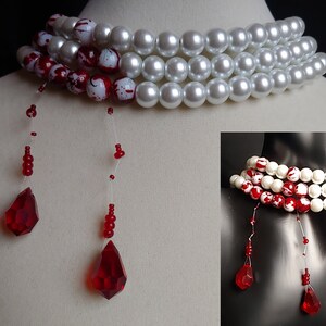 Glass Bloody Pearls and Crystal Teardrops 3-strand Vampire Bite Choker ...