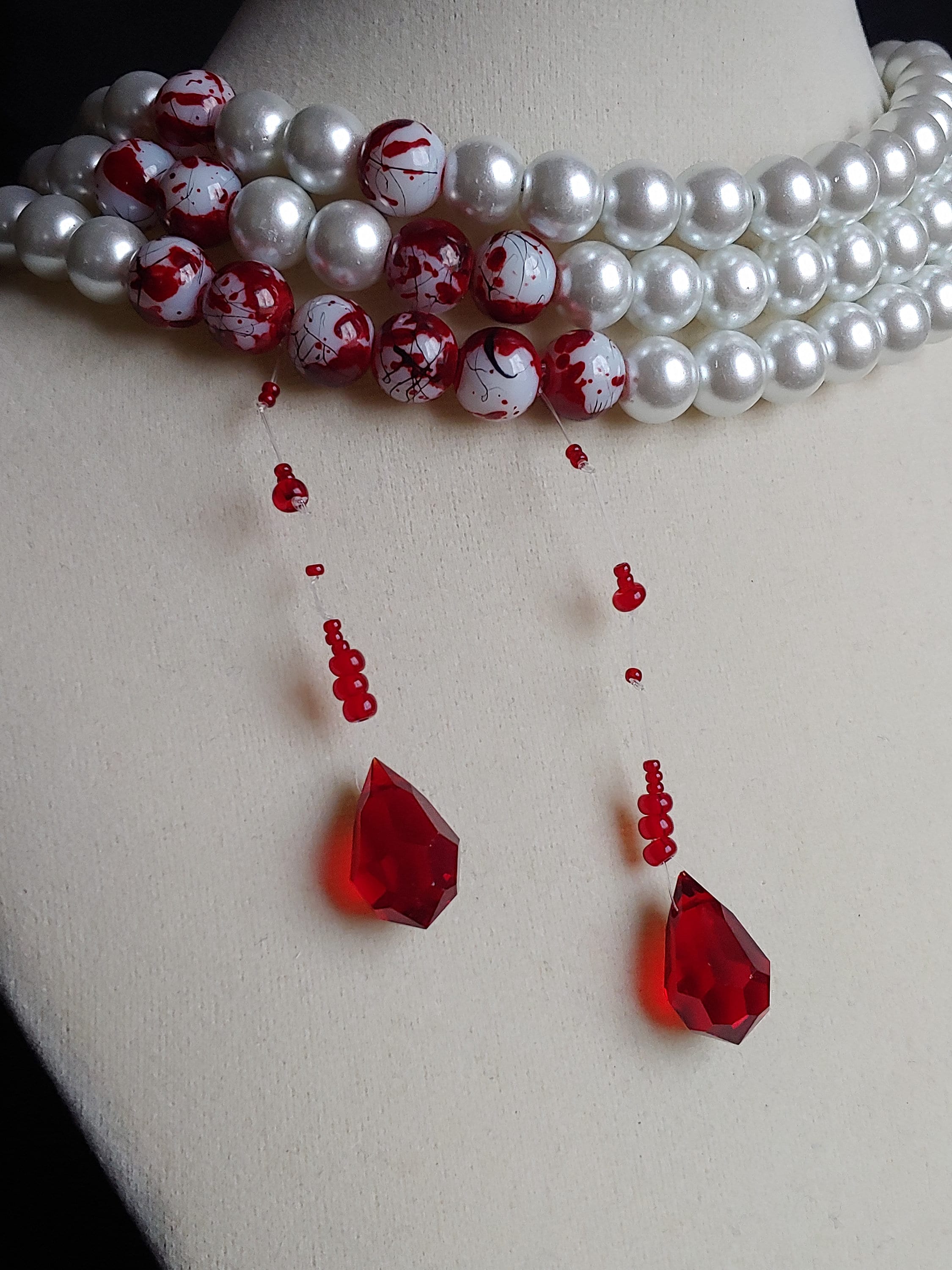 Glass Bloody Pearls and Crystal Teardrops 3-strand Vampire Bite Choker ...