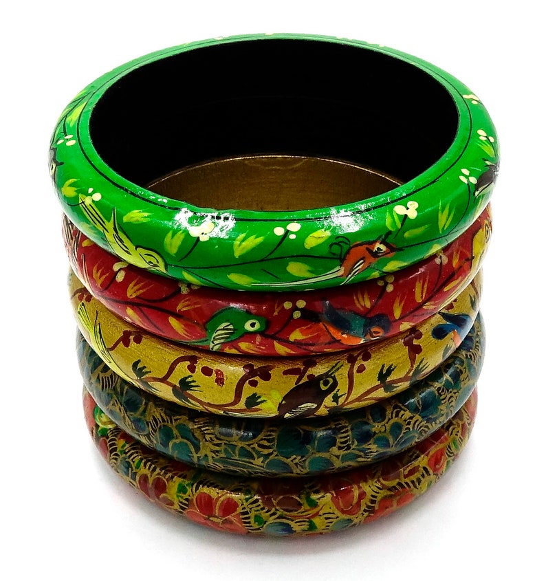 Set of Five Folk Art Hand Painted Wooden Bangles Flowers and | Etsy