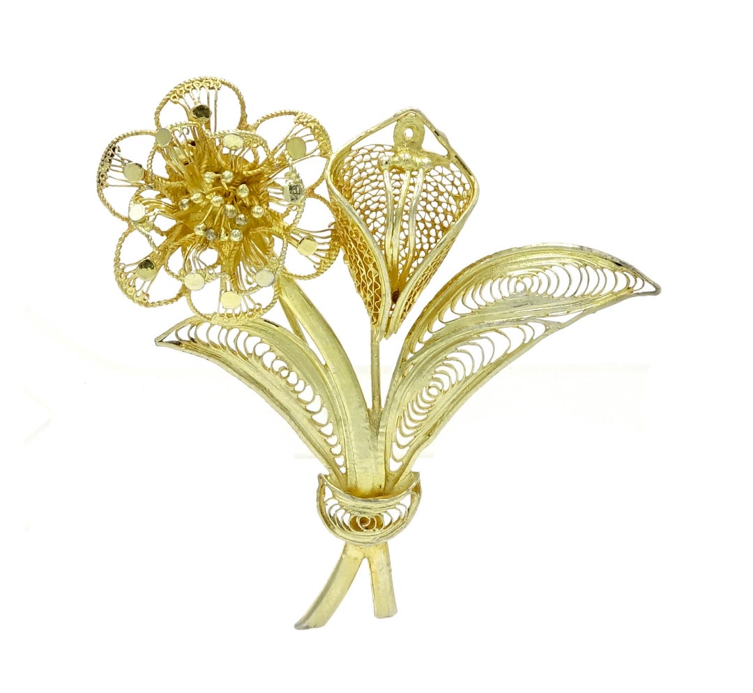 Spun Silver Vermeil Flower Pin - Etsy