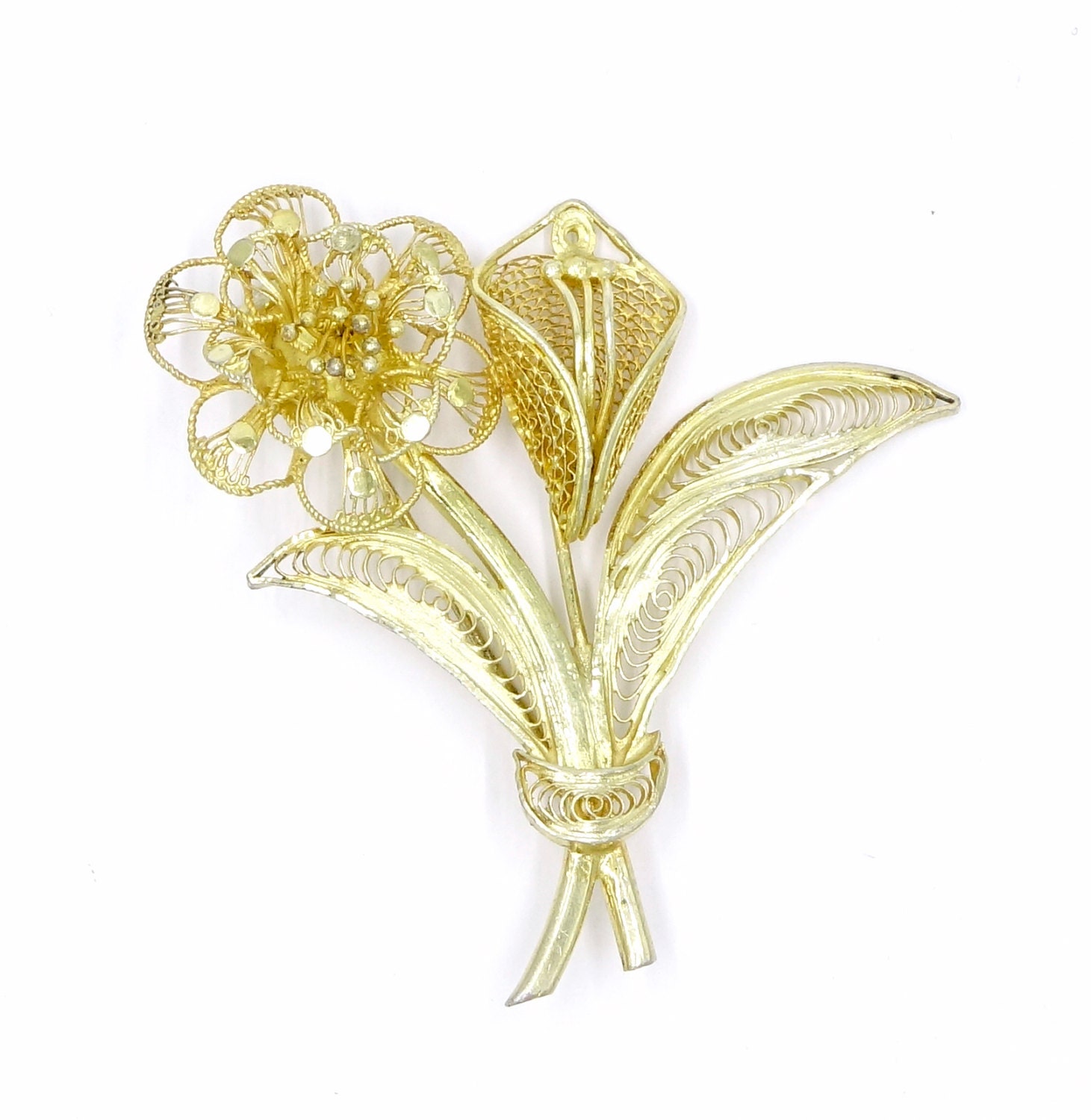 Spun Silver Vermeil Flower Pin - Etsy