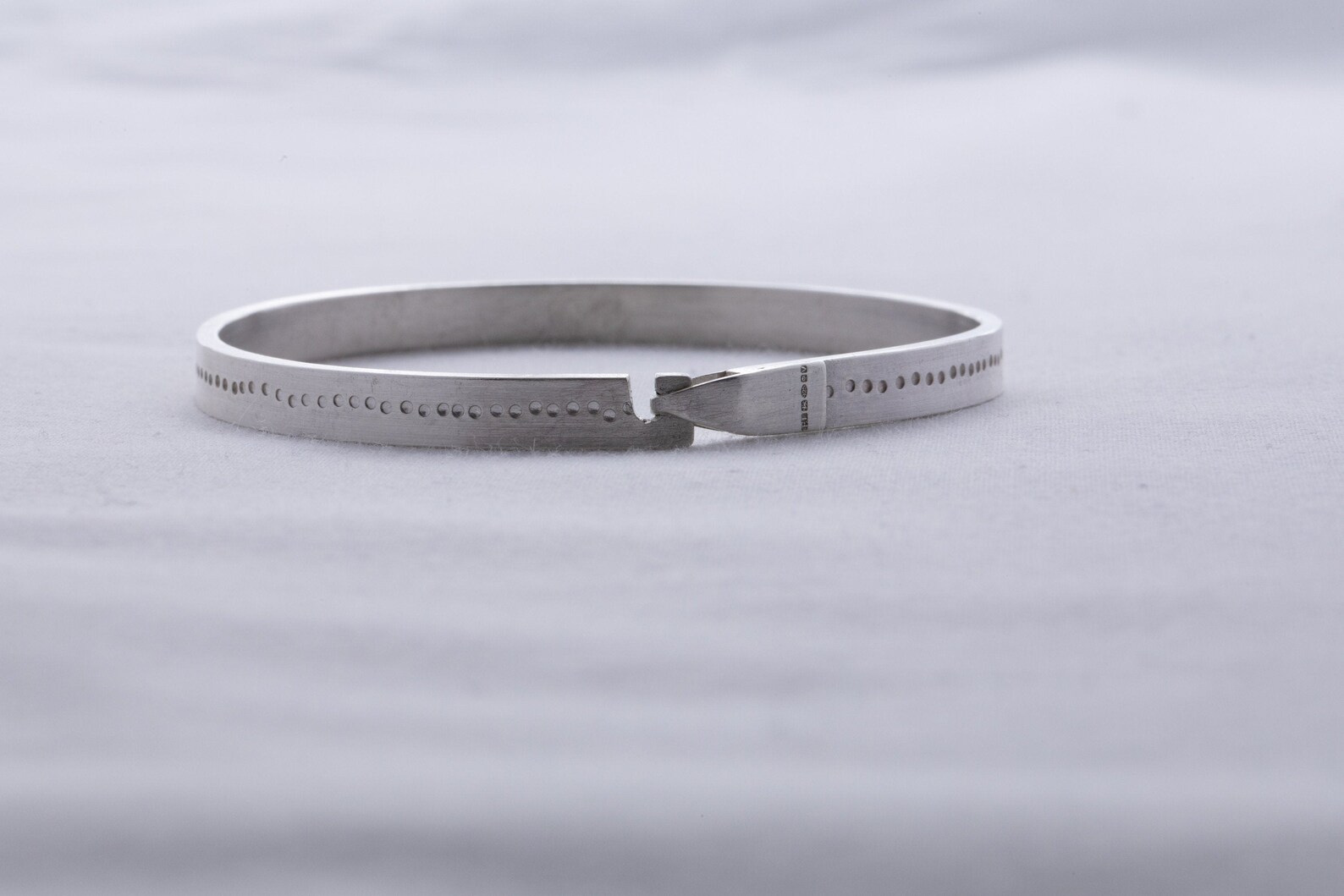 Hand Stamped Dotty Silver Bangle With Unique Clasp Closure - Minimalist ...