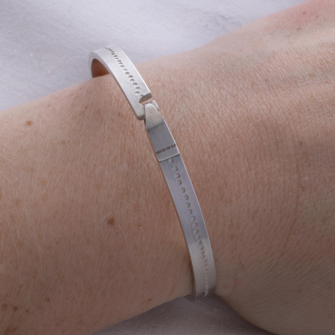 Hand Stamped Dotty Silver Bangle With Unique Clasp Closure - Minimalist ...
