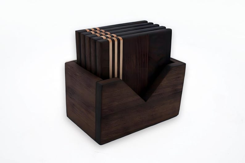 Handcrafted Walnut & Maple Coaster Set With Holder – Modern Wooden ...