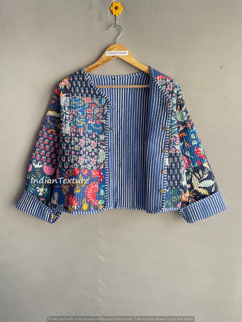 Blue Patchwork Cotton Jacket, Lightweight Cotton Jacket, Floral Jacket ...