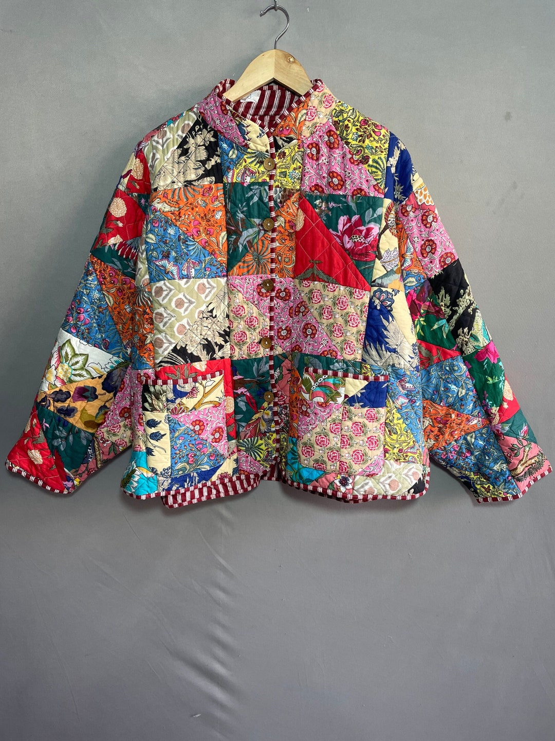 Vintage Patchwork Jacket, Cotton Short Jacket, Quilted Cotton Jacket ...