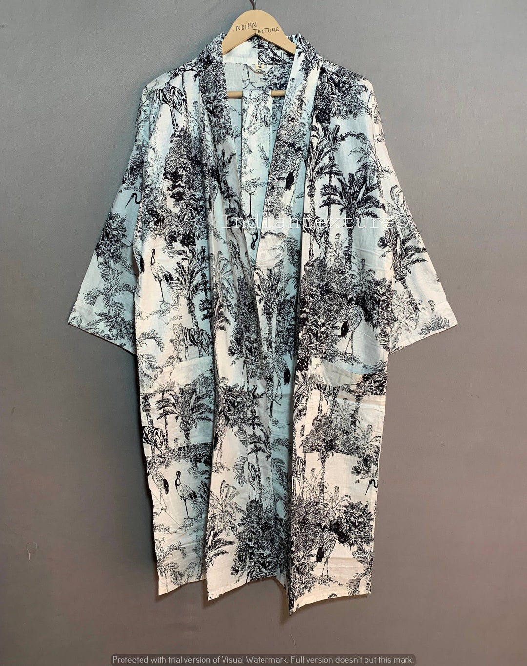 Cotton Kimono Robe, Tree Bird Print, Unisex Cotton Flax - Etsy