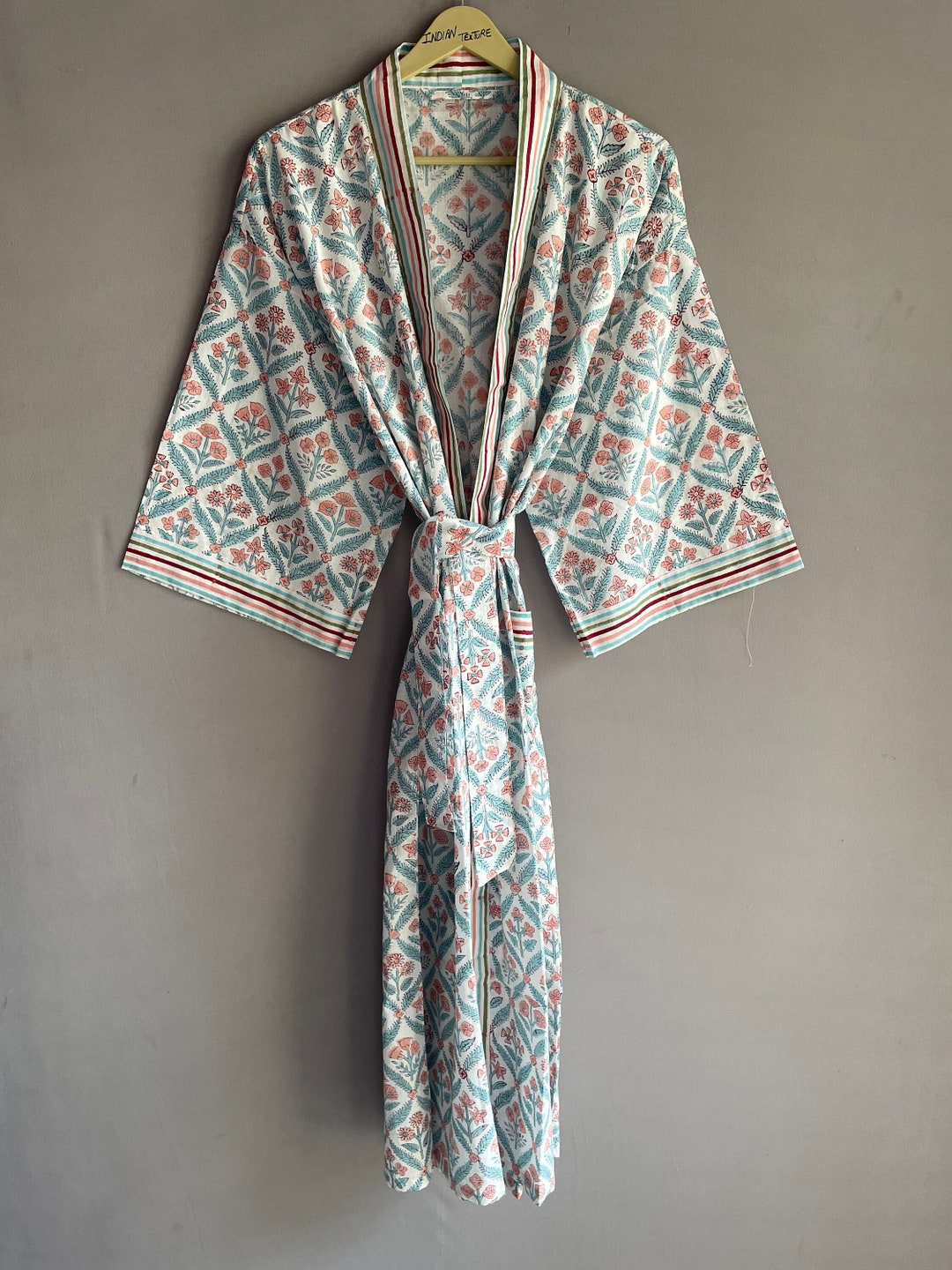 Hand Block Print Kimono Robe, Cotton Bathrobe, Lightweight Cotton Robe ...