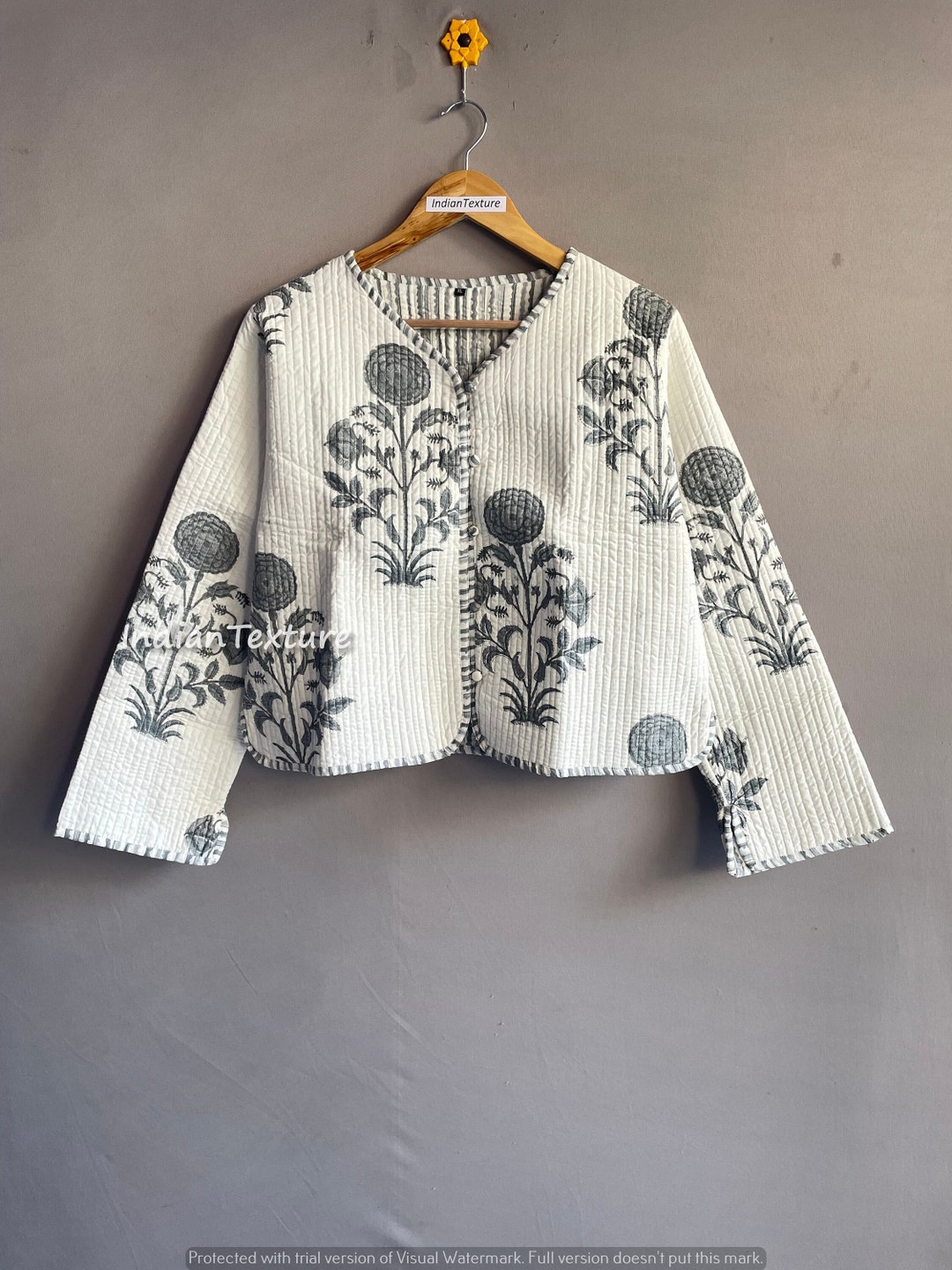 White Floral Short Jacket, Indian Cotton Jacket, Hand Block Print Jacket, Quilted Short Jacket ...