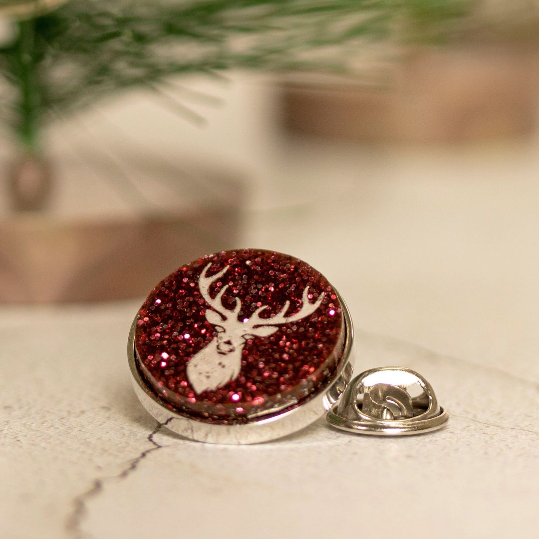 Stag Christmas Lapel Pin, Badge, Xmas Gift, Red Glitter Engraved ...