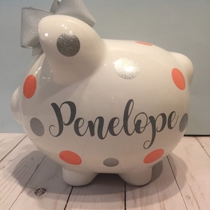Personalized 9large Piggy Bank Light Pink and Glitter Silver Polka Dot ...