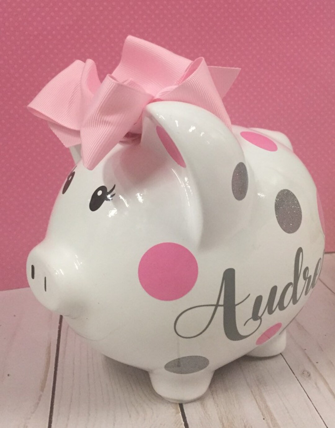 Personalized 9' Large Piggy Bank,light Pink and Glitter Silver Polka ...