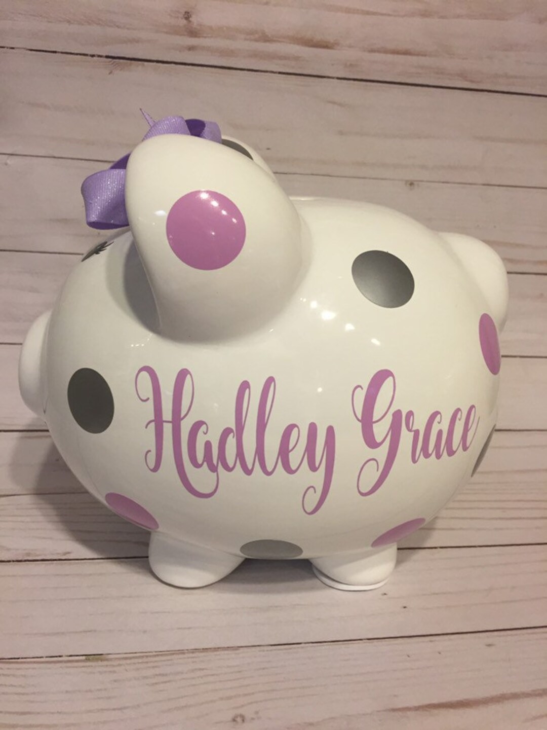 Personalized Large Lilac and Glitter Silver Polka Dot Piggy Bank,piggy ...