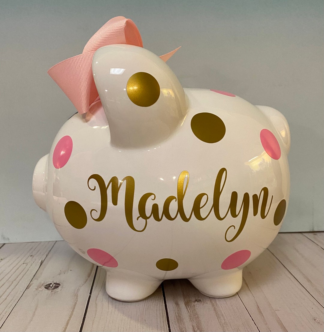 Personalized Piggy Bank: Light Pink & Gold Polka Dot, Baby's First Bank ...