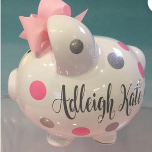 Personalized 9”large Piggy Bank, Light Pink and Glitter Silver Polka ...