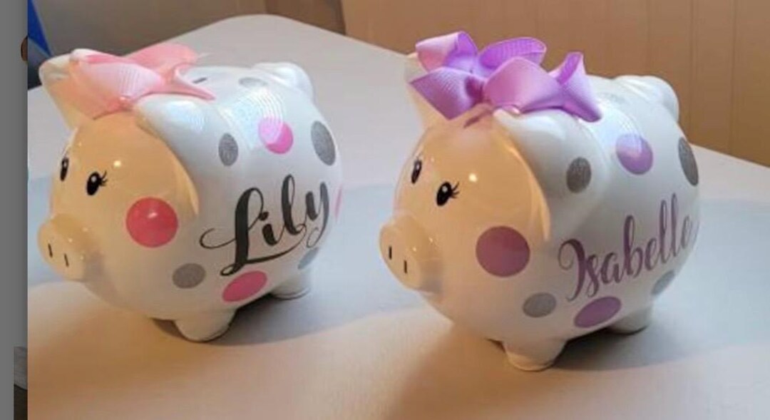 Personalized 9”large Piggy Bank Light Pink and Glitter Silver Polka Dot ...