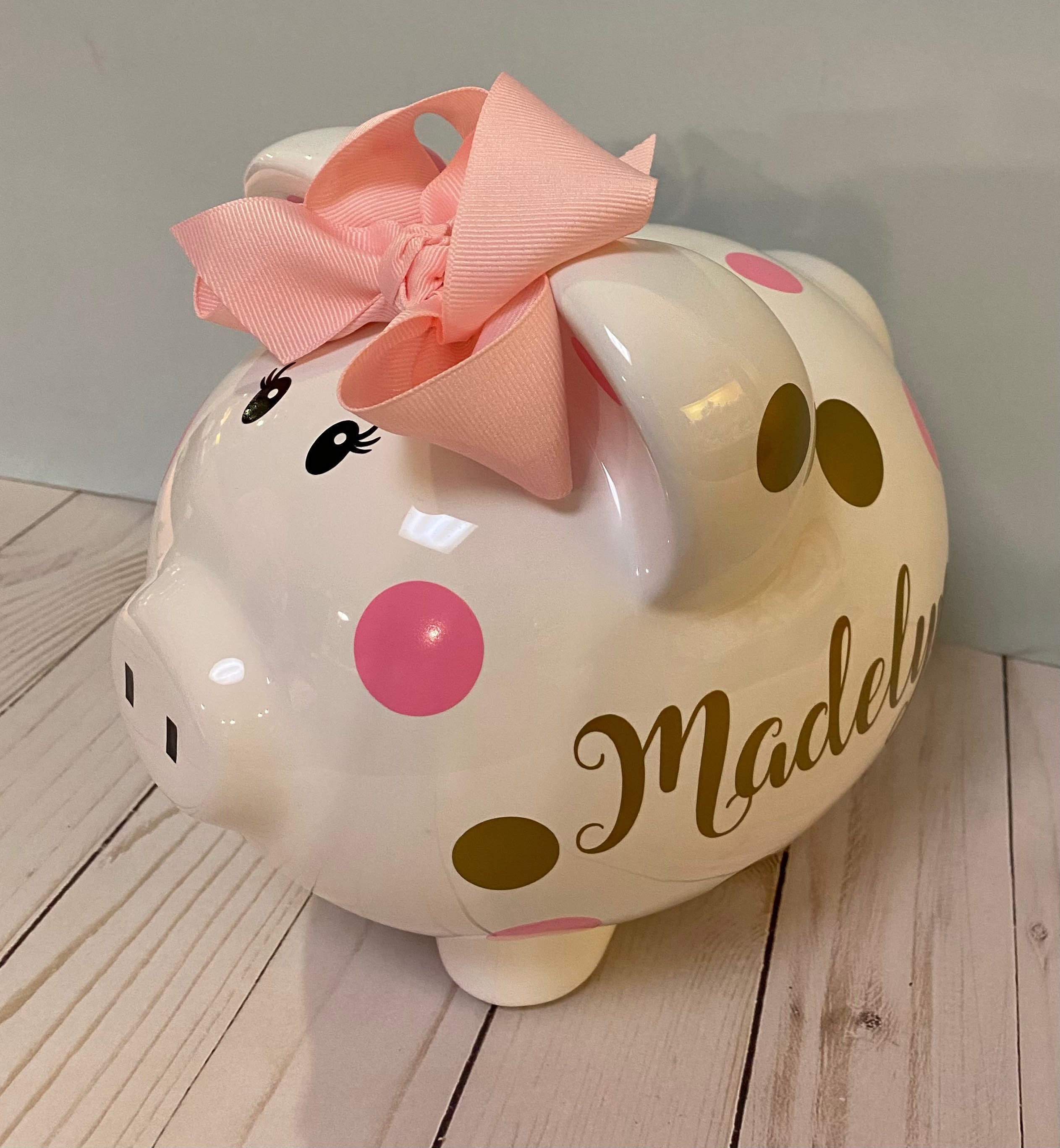 Personalized Piggy Bank: Light Pink & Gold Polka Dot, Baby's First Bank ...