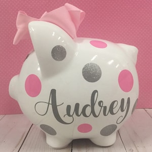 Personalized 9”large Piggy Bank, Light Pink and Glitter Silver Polka ...