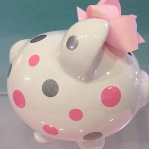 Personalized 9”large Piggy Bank, Light Pink and Glitter Silver Polka ...