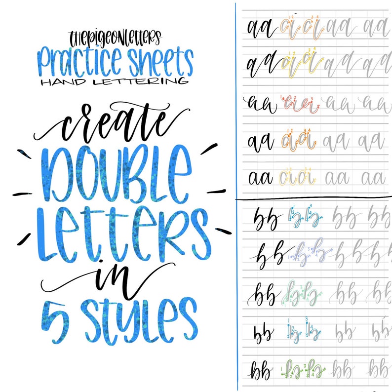 5 Styles Double Letter Practice Sheets Hand Letter the | Etsy
