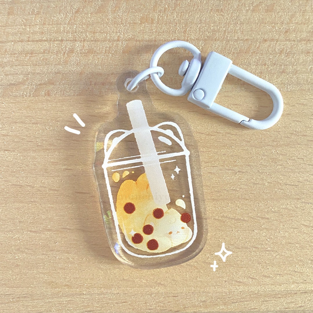 Cute Bubble Milk Tea Cat Keychain | Acrylic Holographic Keychain - Etsy