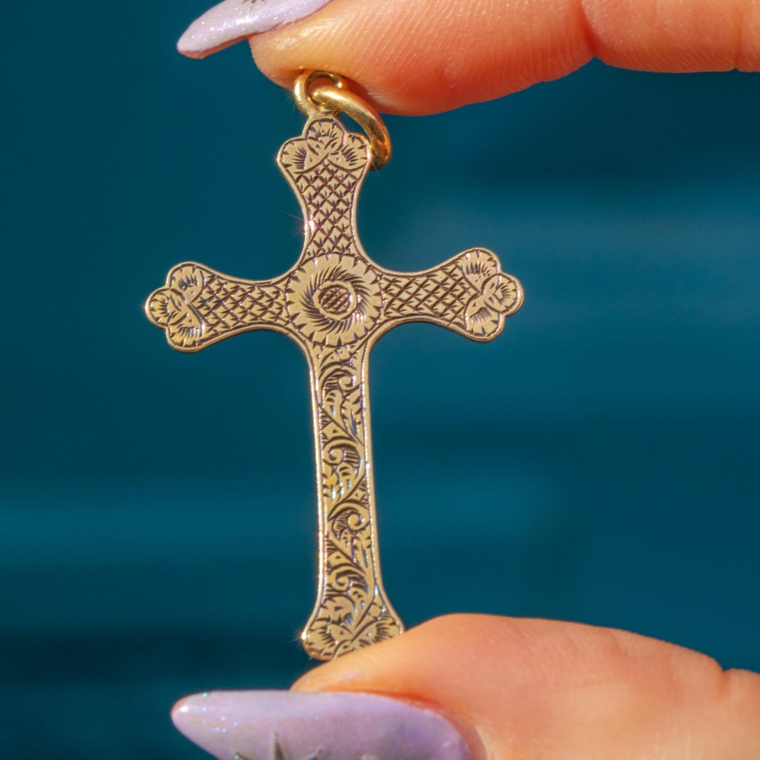 Victorian 15ct Gold Engraved Cross Pendant - Etsy