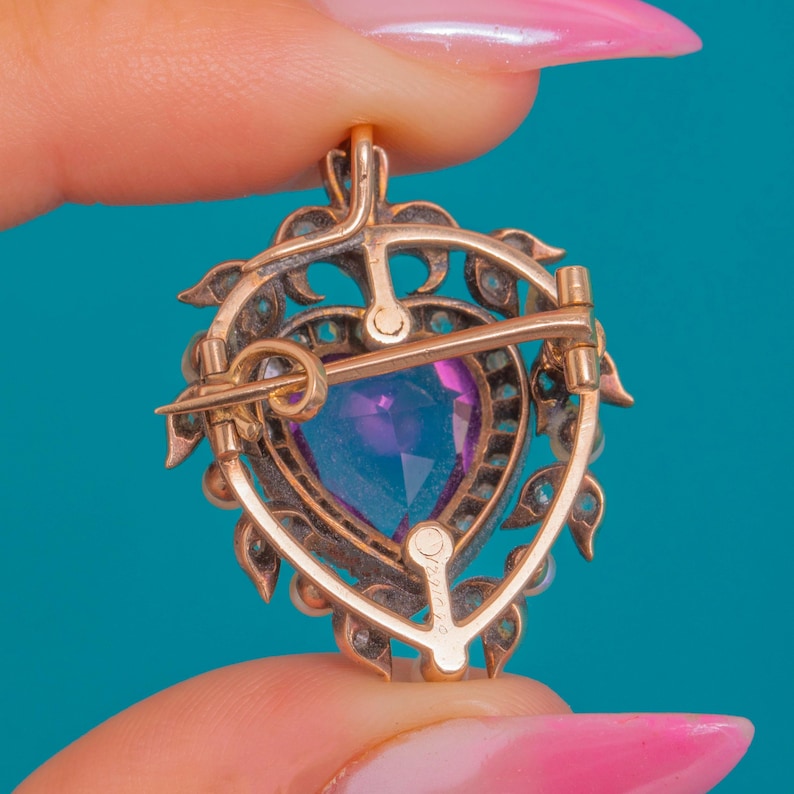 Victorian 15ct Gold & Silver Amethyst Pearl Diamond Heart Pendant ...