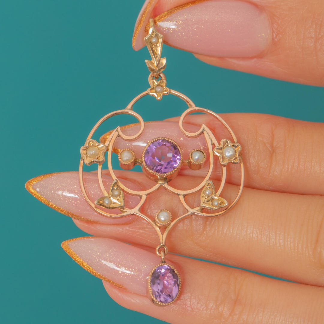 Edwardian 9ct Gold Amethyst & Pearl Lavalier Pendant - Etsy