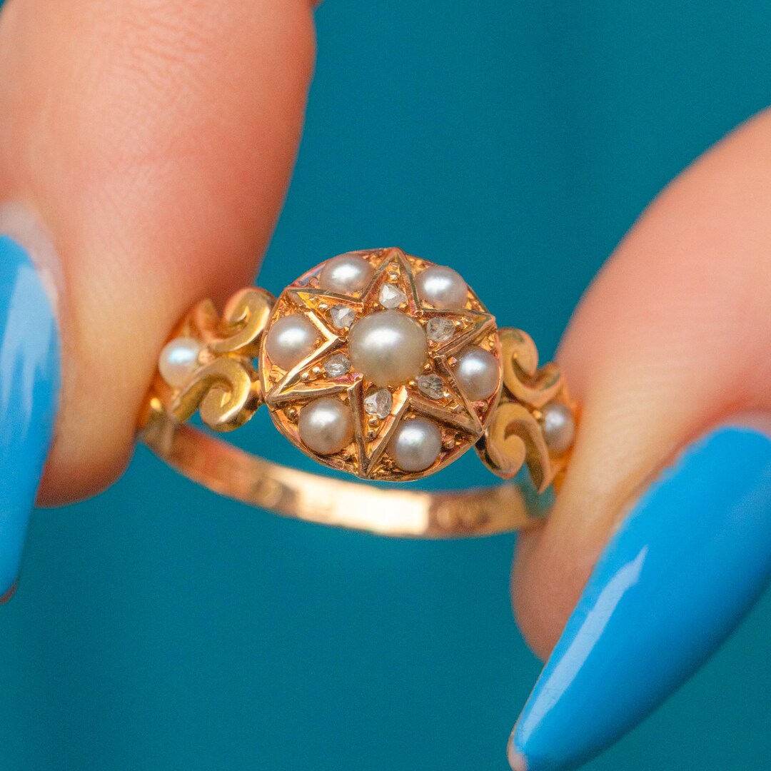 Antique 15ct Gold Pearl Diamond Star Cluster Ring - Etsy