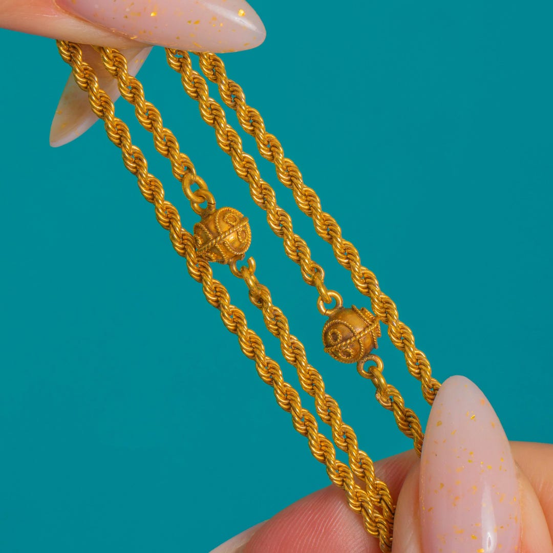 48" Bright 15ct Yellow Gold Rope Longuard Chain, Cannetille Orb ...