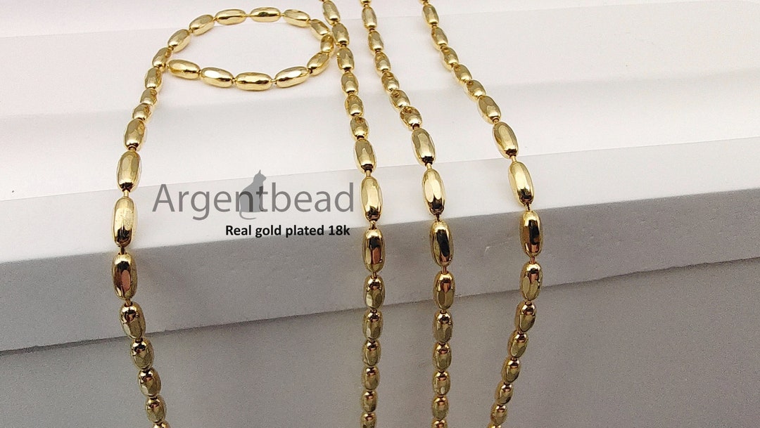 1m 18k Real Gold Plated Bead Chain, 5mm Rice Oval Chain, Handmade Brass ...