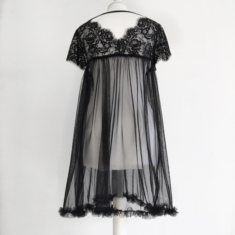 Black Lace Sheer Robe With Shorts Home Tulle Robe With Etsy