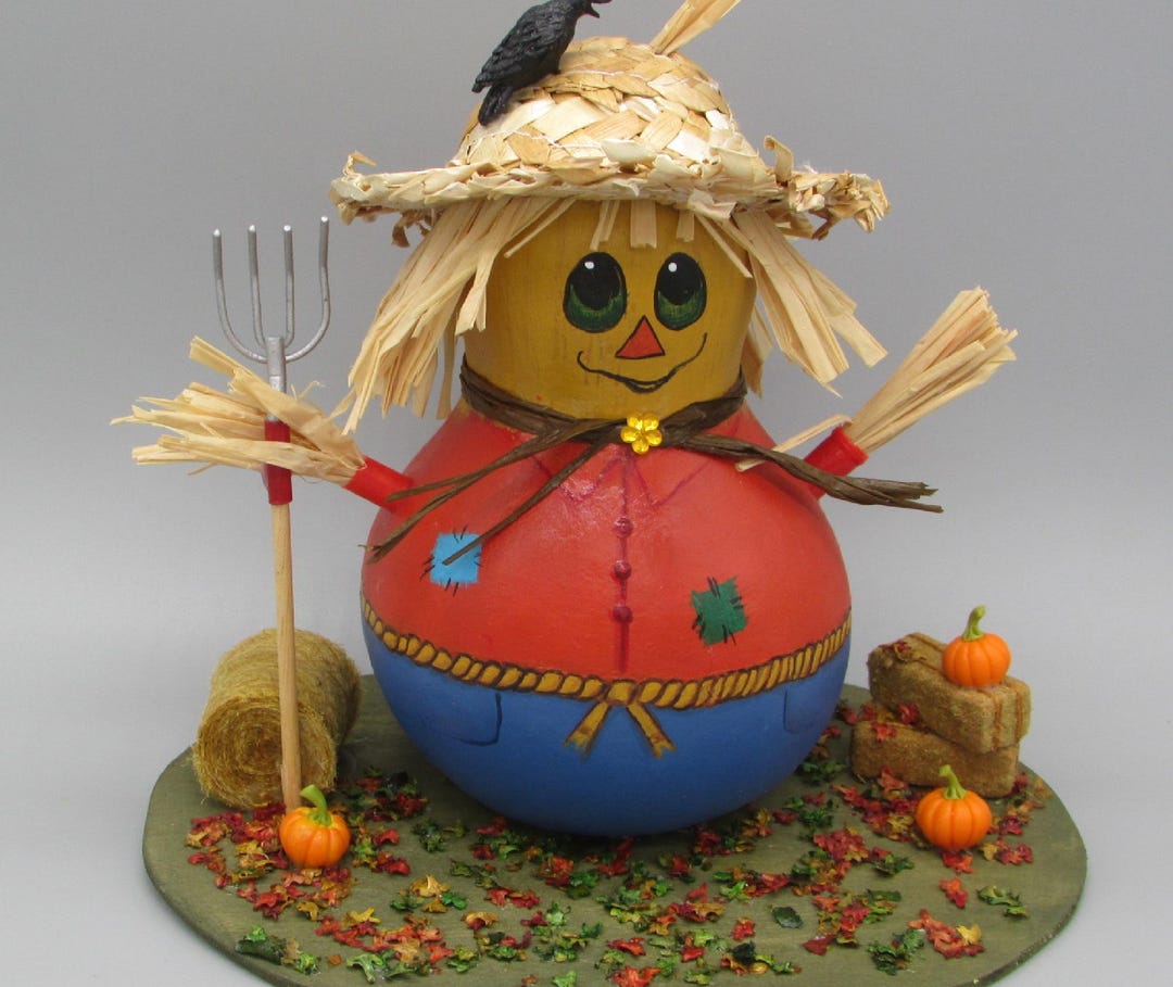 Hand Painted Scarecrow Gourd With a Pitchfork - Etsy