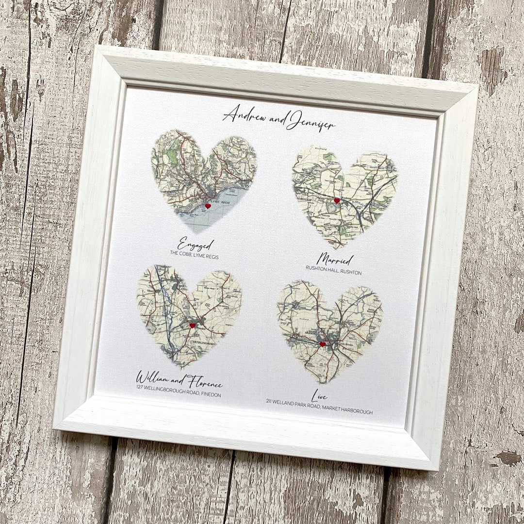 Silk Love Story With Custom Vintage Maps, Any 4 Locations, 4th 12th ...