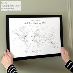 Custom A3 World Map Travels Pinboard, Detailed Grayscale Political Map ...