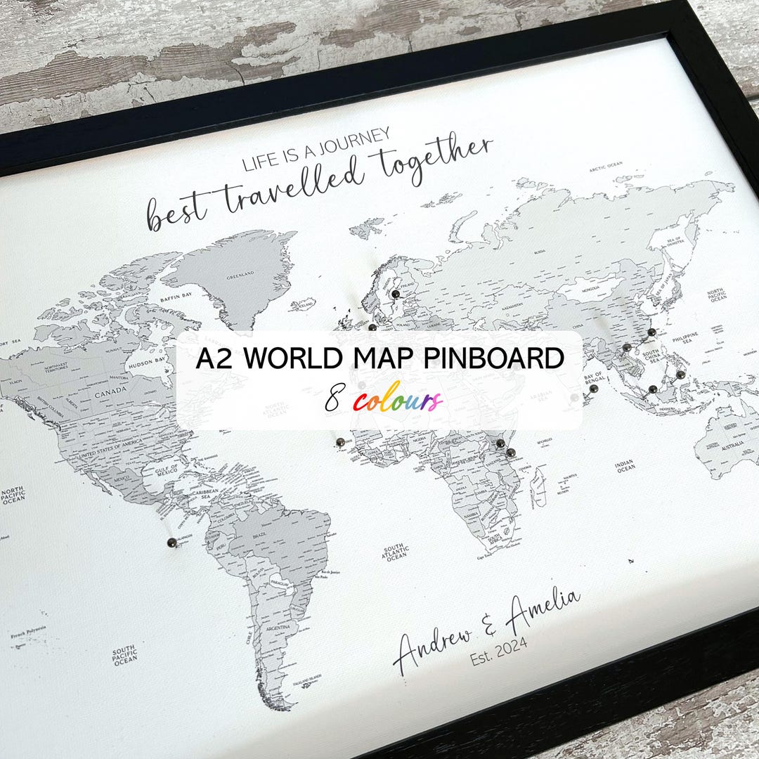 Personalised A2 World Push Pin Map, Travel Tracker, Detailed Political ...