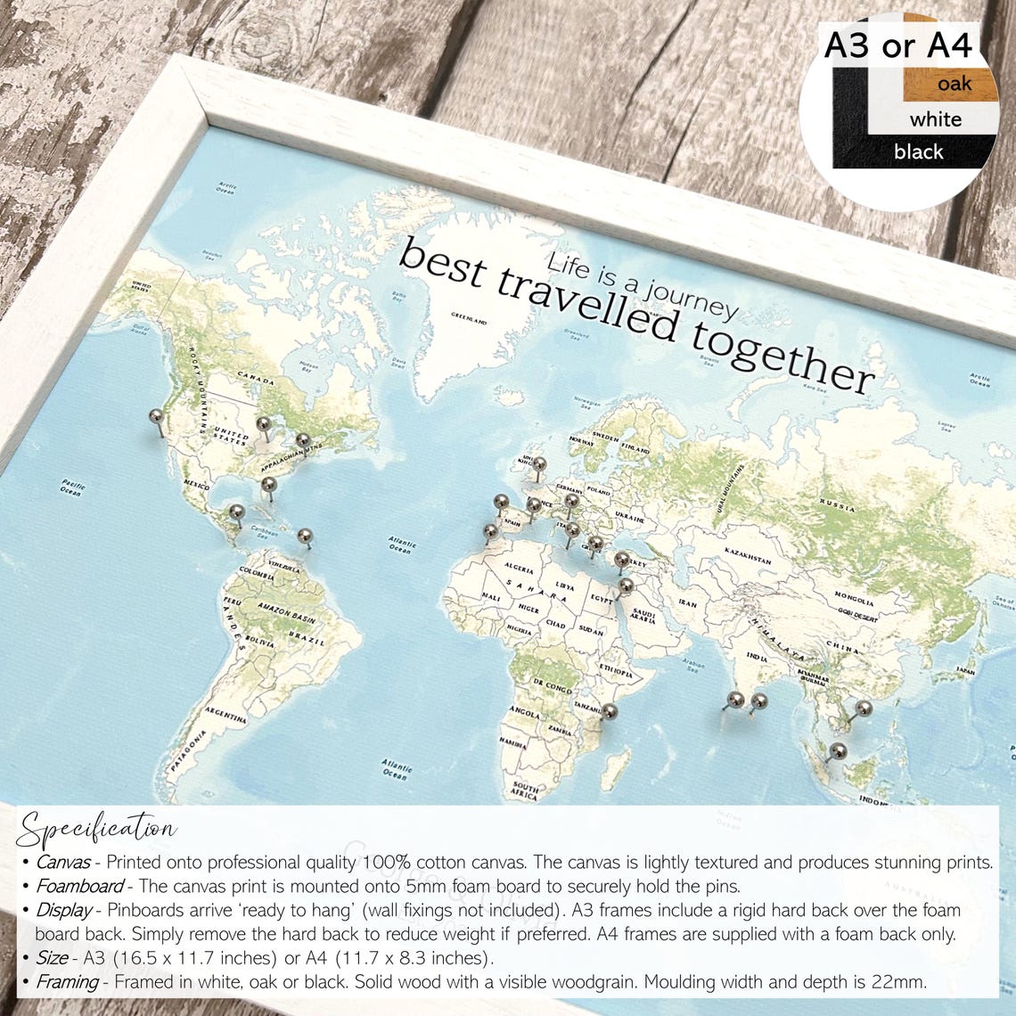 Custom Push Pin Physical World Map, Small Personalised Canvas Pinboard ...