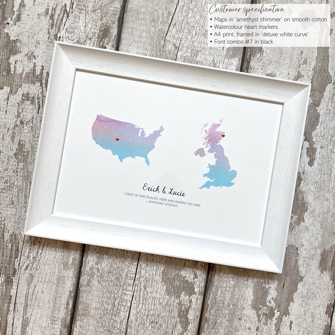 Personalised Two Country Watercolour Map Print, Long Distance Gift, Far ...