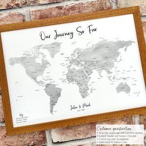 Custom Grayscale Monochrome Push Pin World Map, Small Personalised ...