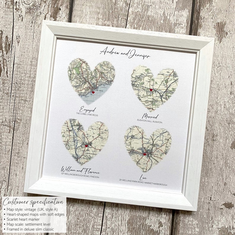 Silk Love Story Map Art, Any 4 Locations, 4th 12th Wedding Anniversary ...