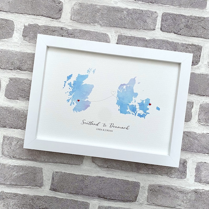 Personalised Two Country Watercolour Map Print, Long Distance Gift, Far ...