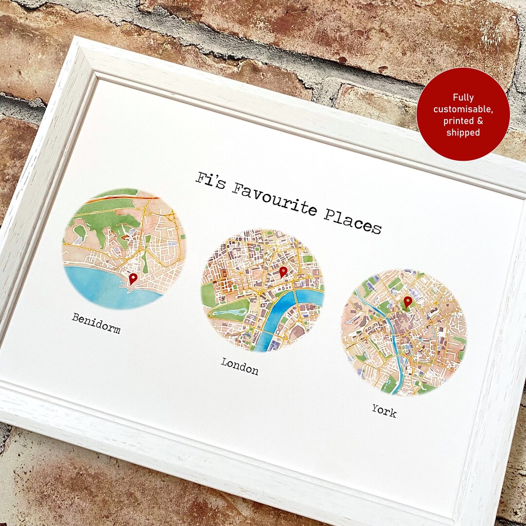 Custom Three Location Map Print, 2nd Cotton Anniversary Gift, Our ...