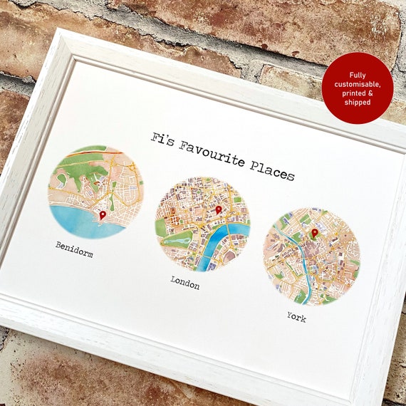 Custom Three Location Map Print 2nd Cotton Anniversary Gift | Etsy