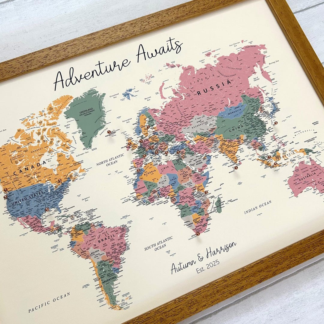 Custom Modern Boho Push Pin World Map, Warm Sunset Neutral Rich Earth ...