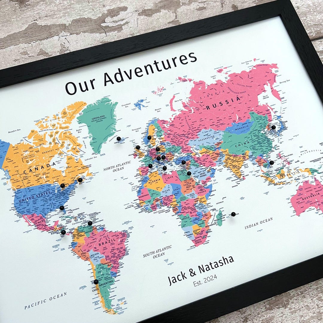 Custom Modern Vibrant Political World Map With Pins, Bold Bright ...